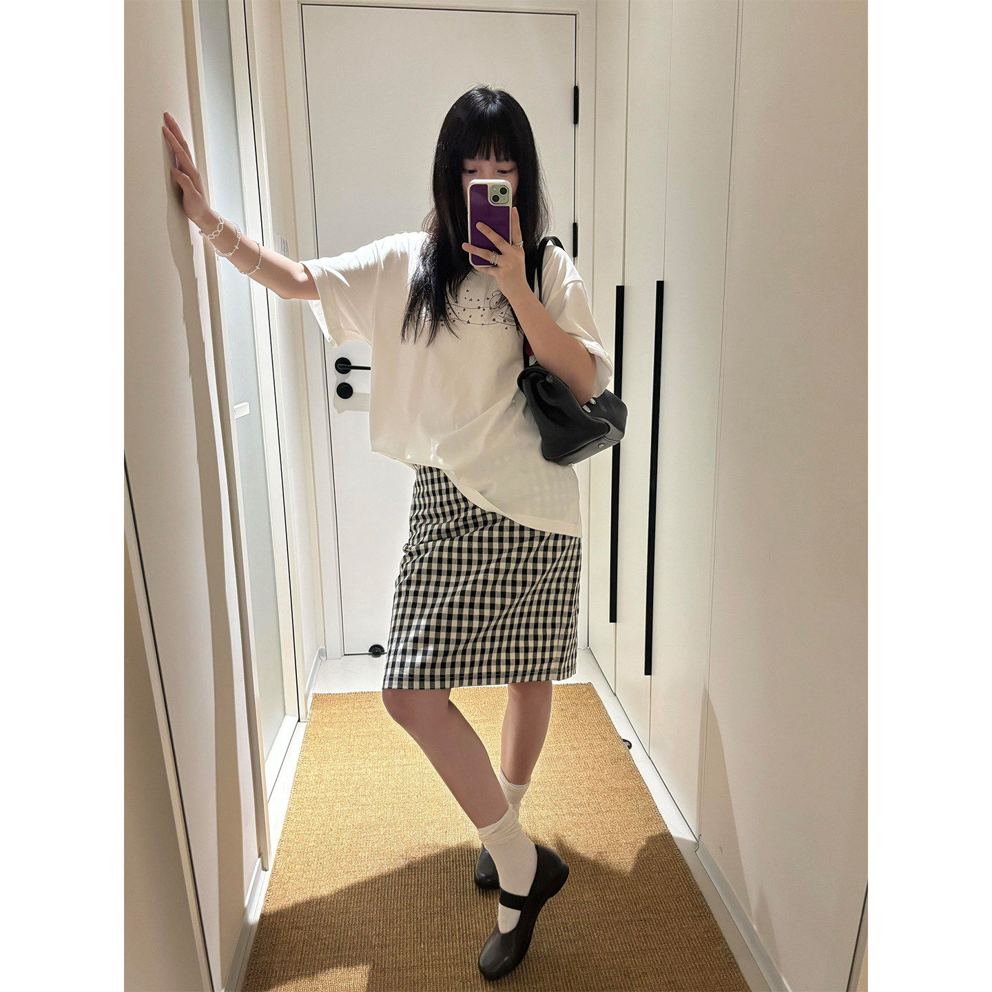 2026年超火穿搭简约风休闲印花短袖T恤女独特格子半身裙两件式套
