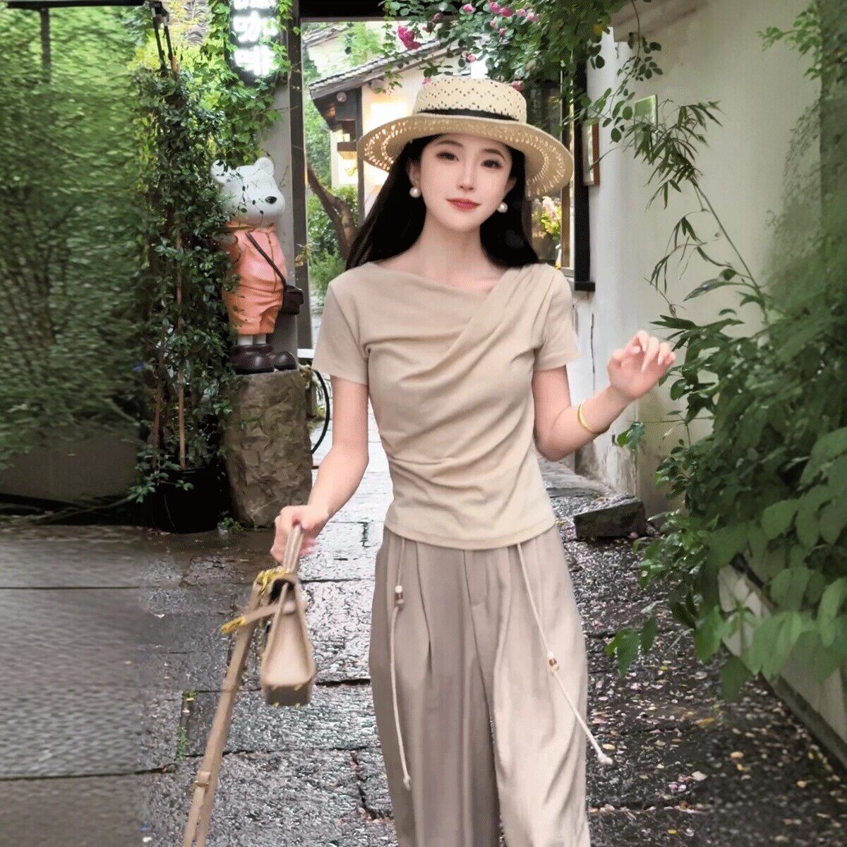 2026夏季新款简约通勤斜肩短袖T恤上衣女+休闲显瘦阔腿裤两件式套