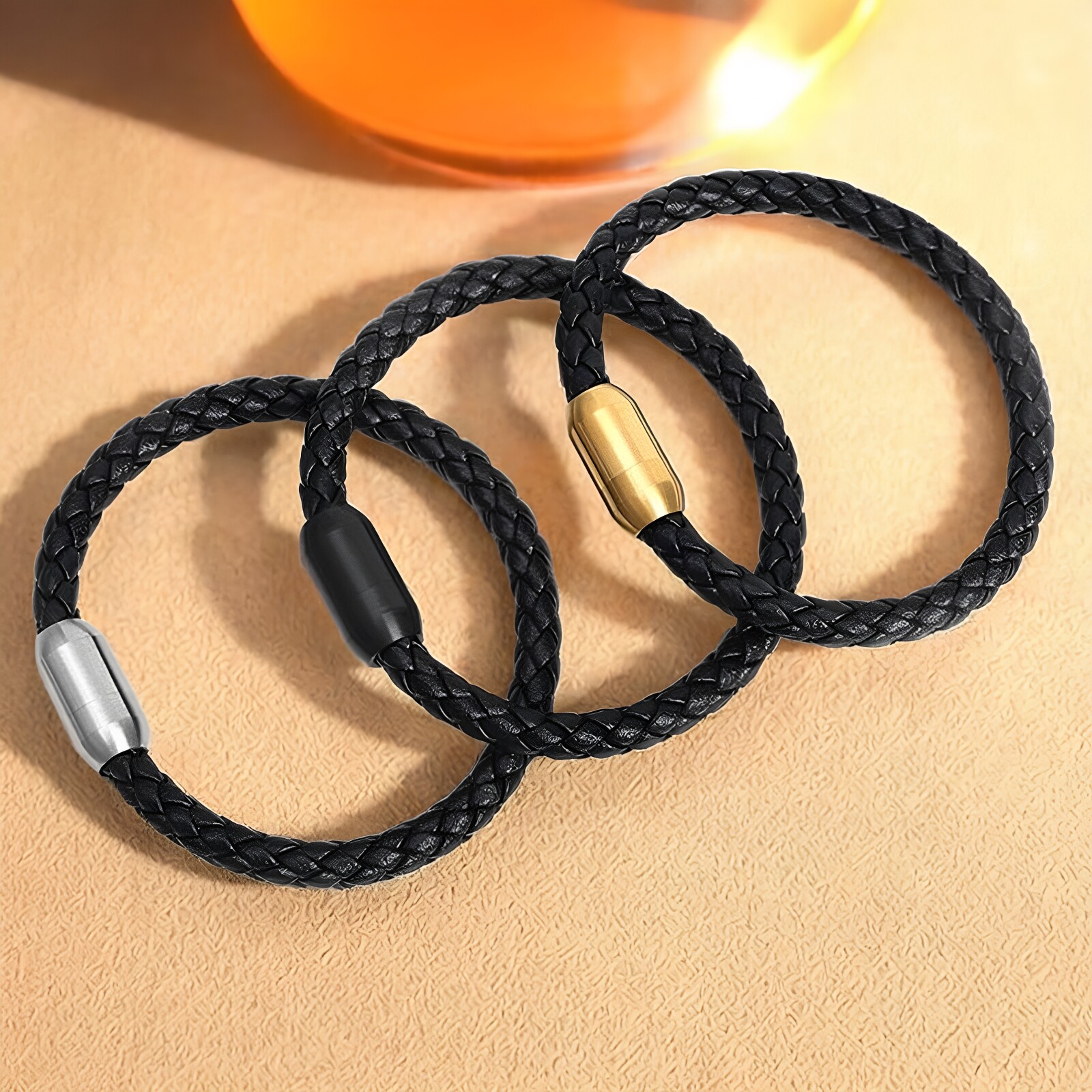 磁吸卡扣黑皮绳手链粗3/4/5毫时尚潮流手环穿黄金转运珠明星同款