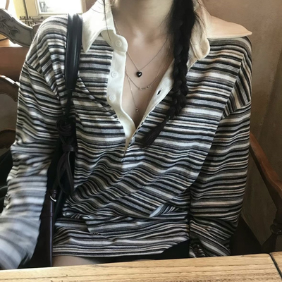 长袖T恤通勤条纹拼色百搭