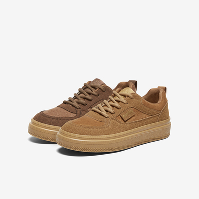 百思图2025春商场新款复古加绒驼色运动板鞋女平底休闲鞋V2409AM5