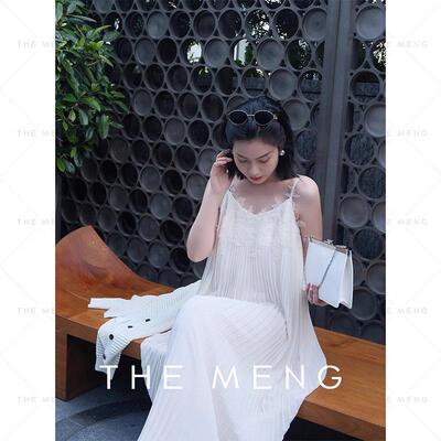 THE MENG【朦胧】轻盈少女感压褶蕾丝拼接优雅气质吊带连衣裙女夏