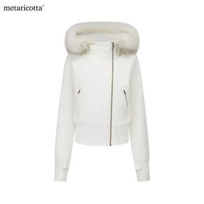 Metaricotta 连帽毛领斜襟毛绒内胆棉服外套