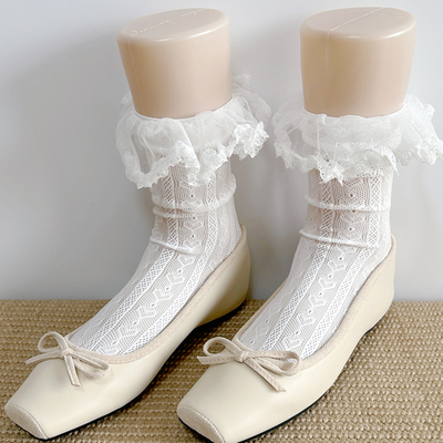 JK米白色小腿袜女蕾丝花边堆堆袜