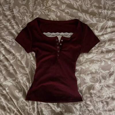 2026 lace button short sleeved T-shirt top for women