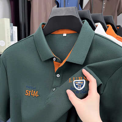 桑蚕丝~男士夏季新款短袖T恤翻领polo衫爸爸装冰丝凉感亚麻上衣服