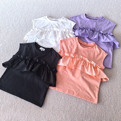 100-160码~外贸日100ma 单夏装女童装 纯棉胸前荷叶边无袖背心