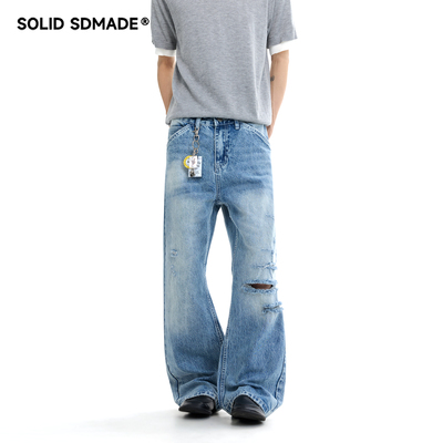 美式vintage破洞水洗牛仔裤春季