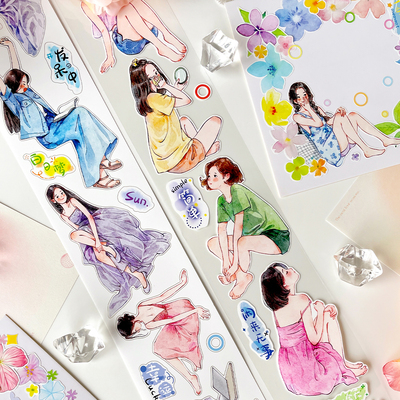 新款百搭人物切模柔憩片刻女孩休闲轻复古百仓家手帐和纸胶带贴纸