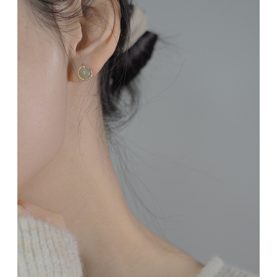 中式手作绕线和田玉14k包金耳钉简约通勤耳环清新气质耳饰女11235