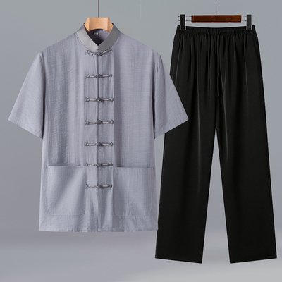 66002款中老年唐装男士爸爸夏装短袖中国风套装爷爷夏季衬衫P60