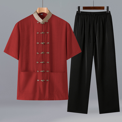 66002款中老年唐装男士爸爸夏装短袖中国风套装爷爷夏季衬衫P60