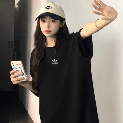 阿迪达斯三叶草黑色短袖女上衣2026夏季新款透气运动T恤 IY7321