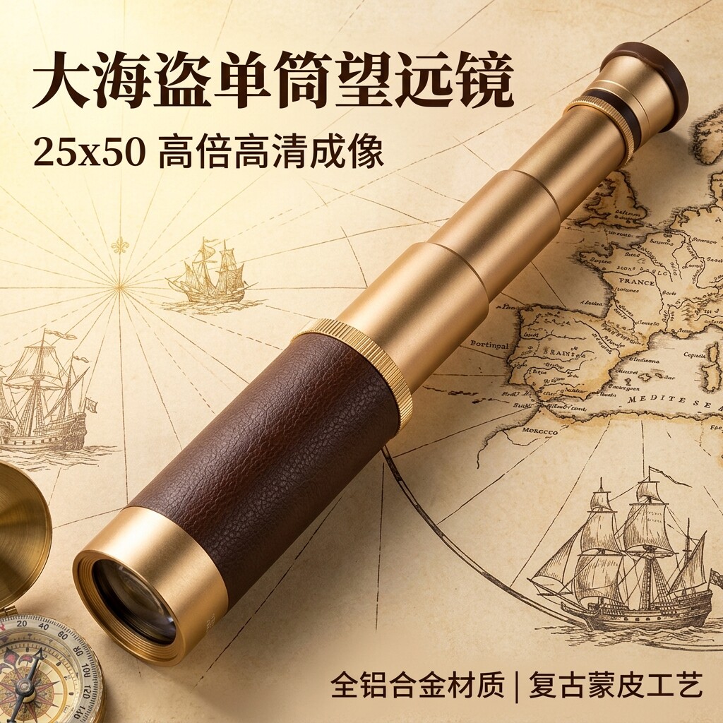 单孔海盗拉伸缩便携微型望远镜高清高倍微光夜视加勒比复古赠礼物