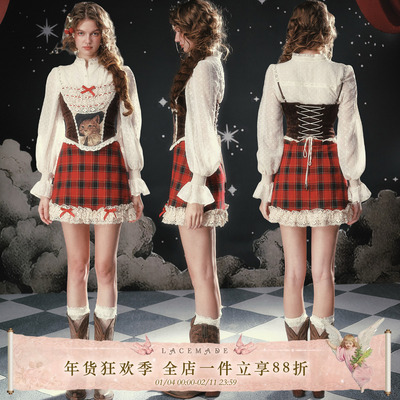 LaceMade 木偶猫的圣诞夜 法式圣诞套装甜辣鱼骨胸衣格纹半裙套装