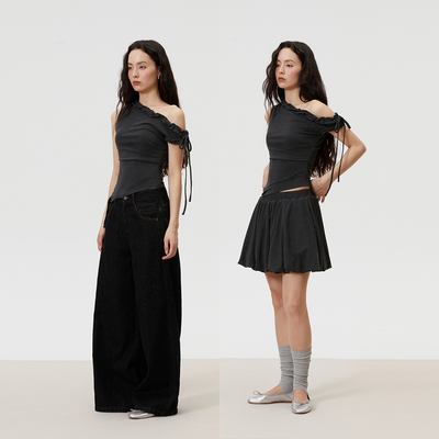 INRM 蝴蝶结花边斜肩弹力针织上衣夏季女修身显套头白打底T恤衫