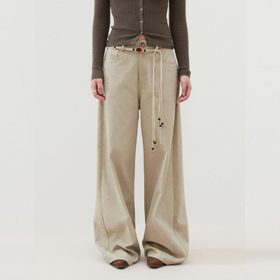 INRM 美式复古水洗休闲卡其长裤垂坠感阔腿卡其色直通裤子女