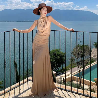rovente伊顿美神 挂脖荡领连衣裙气质名媛礼服裙海边吊带露背长裙