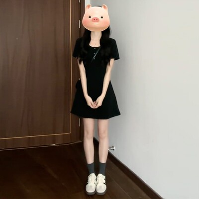法式赫本风短显瘦黑色袖连衣裙女装2024新C4L41574款夏季高短级子