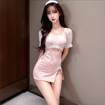 肉粉护士*纯欲性感透视网纱背带显瘦包臀裙可爱护士开叉制服qqny