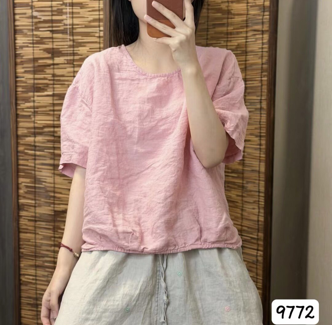 老钱风100%亚麻大码显瘦圆领透气百搭短袖T恤（胸围120衣长64左右