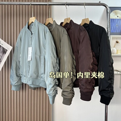 立领抽褶夹棉棒球服短外套上衣