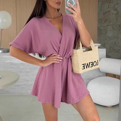 欧美风性感深V纯色休闲短袖连体短裤女大码宽松显瘦收腰连体裙裤