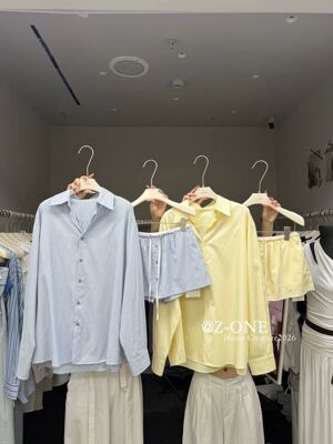 Z-ONE十三行韩版纯色条纹防晒衬衫女腰头拼接显瘦裤裙两件套套装