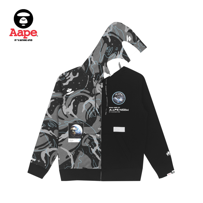 Aape旗舰店男装秋冬猿颜印花迷彩拼接拉链连帽卫衣外套3832XXH_虎窝淘