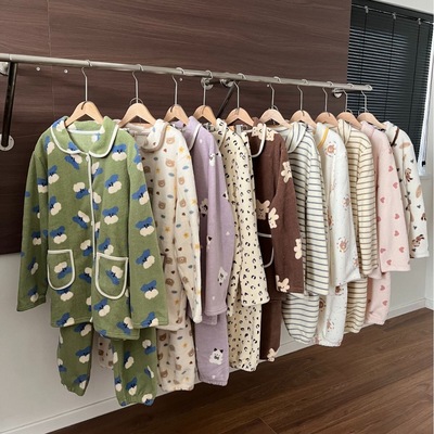 WEN FASHION 秋冬新款米粒绒睡衣女珊瑚绒加绒长袖长裤家居服套装