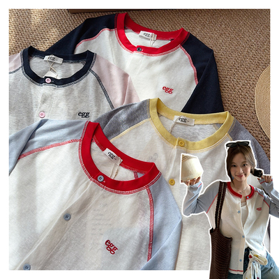 圆领撞色单排扣女士开衫