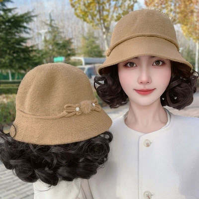 中老年礼帽戴假发一体式秋冬保暖百搭渔夫帽气质慵懒卷妈妈假发帽