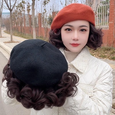 帽子假发女短卷发全头套时尚洋气秋冬贝雷帽假发一体式妈妈款头套