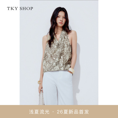 TKYSHOP复古印花挂脖无袖上衣