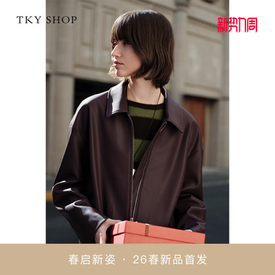 TKYSHOP翻领短款PU皮外套