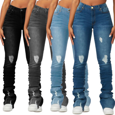 Jeans Denim Distressed Patchwork Ripped Pants欧美高腰曡层