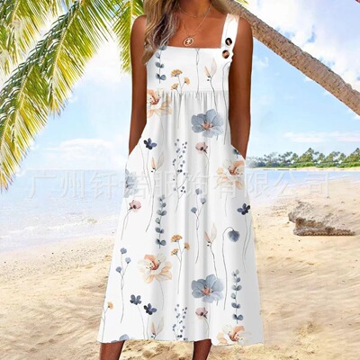 新品欧美新款白色满身花卉吊带中长连衣裙summer dress women