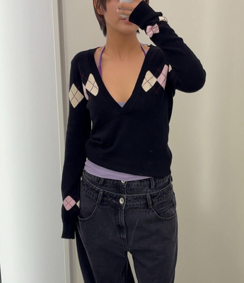RARELY 深V领菱格纹毛衫 黑色/红色/灰色