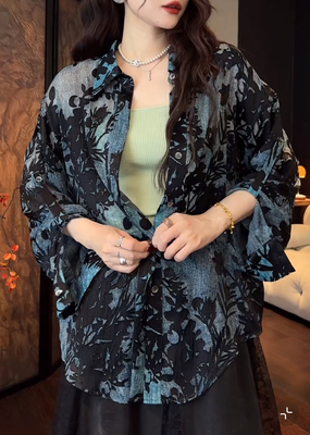 三吉黑花【青藤】国风新中式防晒人丝烧花衬衫上衣外套高级感轻奢