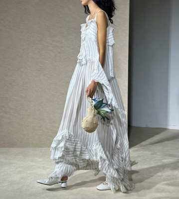 欧阳娜娜新款Cello 26春 黑白条纹拼蕾丝多层荷叶边度假连衣裙