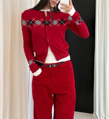 RARELY  高品质 布料100还原 菱格纹羊毛混纺开衫 咖色/红色