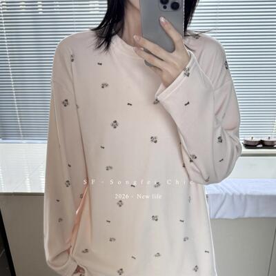 HEARMES 秋季薄绒睡衣套装圆领套头宽松保暖初冬亲肤绒家居服可外