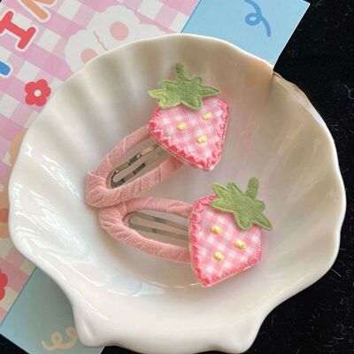 New Pink Strawberry Hair Clips Korean Cute Fabric Art Strawb