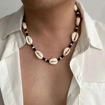 Bohemian Scallop Wood Bead Choker Necklace for Men Retro Adj