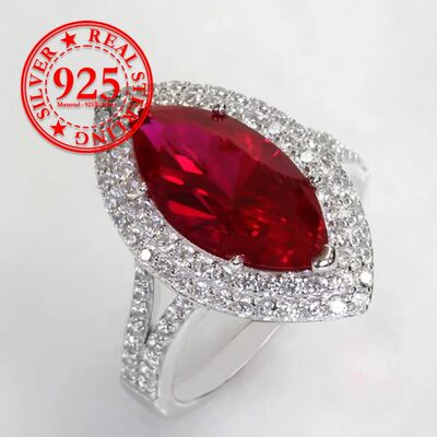 Luxury Red Zircon Marquise-Cut Ring with Full Diamond Accent
