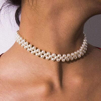 Boho Sweet Imitation Pearl Round Handwoven Collar Necklace f