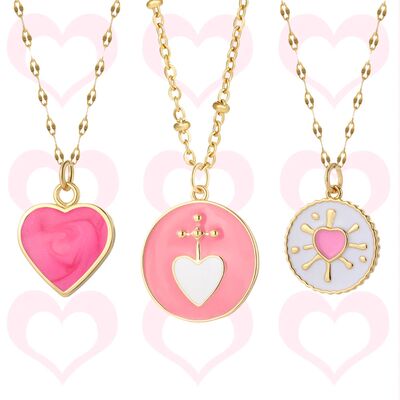 Fashion Enamel Pink Heart Pendant Necklace for Women Romanti