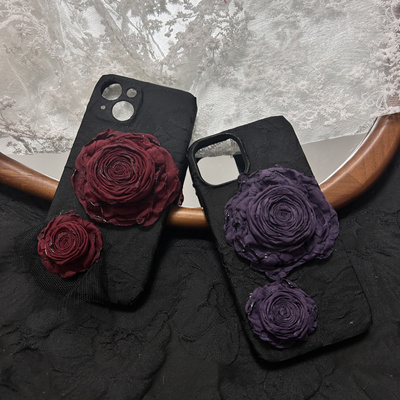暗黑手作布艺小众干枯玫瑰手机壳适用15苹果13/14全包边蕾丝软壳