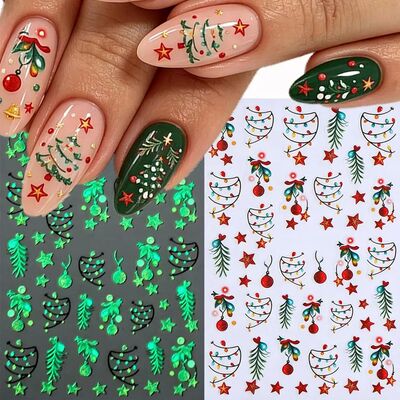 2Pcs Luminous Christmas Colorful Light Nail Stickers Bauble