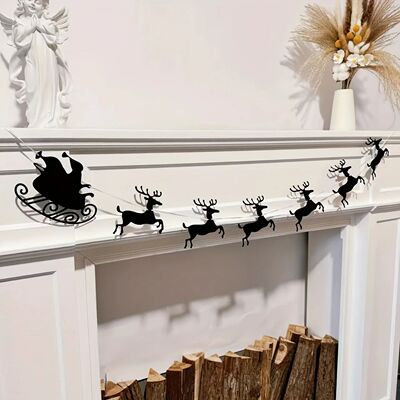 Classic Christmas Reindeer Santa Sleigh Garland Black Felt f